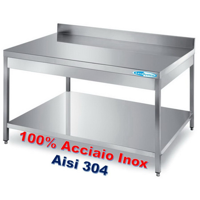 Tavolo Inox Professionale su Gambe con Ripiano e Alzatina cm 150x70x85
